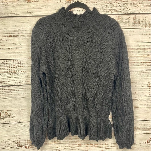Aaron & Amber | Sweaters | Aaron Amber Black Pom Pom Cable Knit Peplum ...